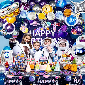 HJINGY Outer Space Party Decorations, Space Themed Party Supplies Include Space Balloons, Backdrop, Galaxy Banner, Hanging Swirls, Tablecloth, Plates, Cups, Cake Toppers for Space Birthday Decorations