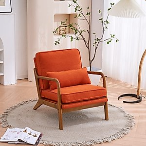 Karl home Accent Chair Mid-Century Modern Chair with Pillow Upholstered Lounge Arm Chair with Solid Wood Frame & Soft Cushion for Living Room, Bedroom, Balcony, Linen Burnt Orange (Low Back)