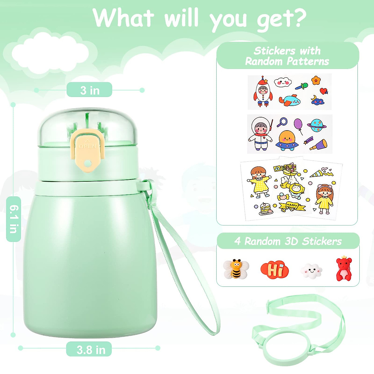 JERESER 17oz Kids Water Bottle, Insulated Water Bottle with Cute Stickers, Fun DIY Art & Craft Kit, Stainless Steel Water Bottle with Straw, Hand Strap & Shoulder Strap, Reusable Metal Water Bottle