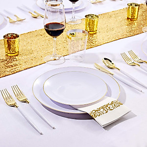 Nervure 140PCS White and Gold Plastic Plates & Disposable Gold Plastic Plates - 20 Dinner Plates, 20 Dessert Plates, 60 Gold Plastic Silverware, 20 Cups, 20 Napkins for Weddings & Party