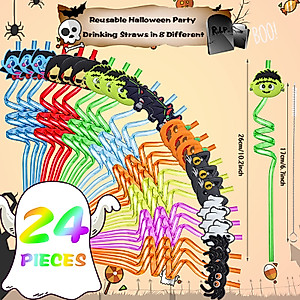 24 Pcs Halloween Party Favors Halloween Straws Reusable Plastic Crazy Straws Bats Pumpkin Cat Ghost Straws with 2 Cleaning Brush for Kids Halloween Party Supplies Birthday Decoration, 8 Styles