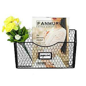 PAG 3 Pockets Hanging File Holder Wall Mount Mail Organizer Metal Chicken Wire Magazine Rack with Tag Slot, Black