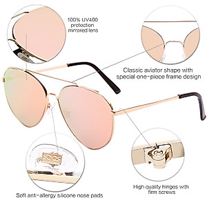 SOJOS Oversized Classic Sunglasses Mirrored Flat Lens for Men Women UV400 SJ1083 with Gold Frame/Pink Mirrored Lens