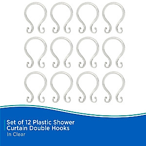 Kenney KN61211 Rust-Proof Smooth Plastic Shower Curtain Rings with Double Hanging Hooks for Shower Curtain and Standard Shower Curtain Rod, Bathroom Use, Easy to Install, Set of 12, Clear
