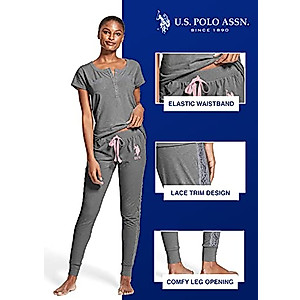 U.S. Polo Assn. Womens Pajama Set - Short Sleeve PJs with Joggers - Sleepwear Set Ideal for Lounging (Charcoal Heather Sky, 2X)