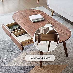 Vadisun Modern 100% FAS Oak Coffee Table - Unique Coffee Table & Space-Saving Wooden Coffee Table Easy Assembly (Walnut color with drawers)