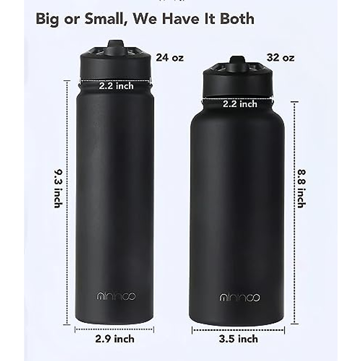 Mininoo 24 oz Insulated Water Bottle with Straw, Stainless Steel Double Wall Vacuum Thermos with Straw Lid & Chug Lid, Leak Proof, BPA Free, Keep Cold for 24H & Hot for 12H(Black)