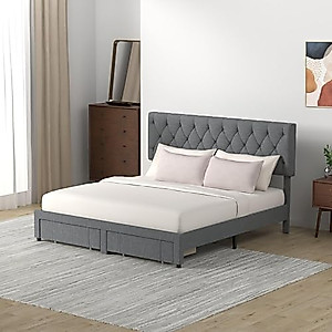 GAOMON Full Size Bed Frame with 2 Storage Drawers, Upholstered Platform Bed Frame with Adjustable Button Tufted Headboard, Mattress Foundation with Solid Wooden Slats Support, No Box Spring Needed