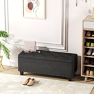 Magshion 42 Inch Storage Ottoman Bench, Large Tufted Rectangular Ottoman Bench with Hinged Lid, Entryway Storage Bench for Living Room, Bedroom, Hallway – Supports up to 800 lbs, Linen Black