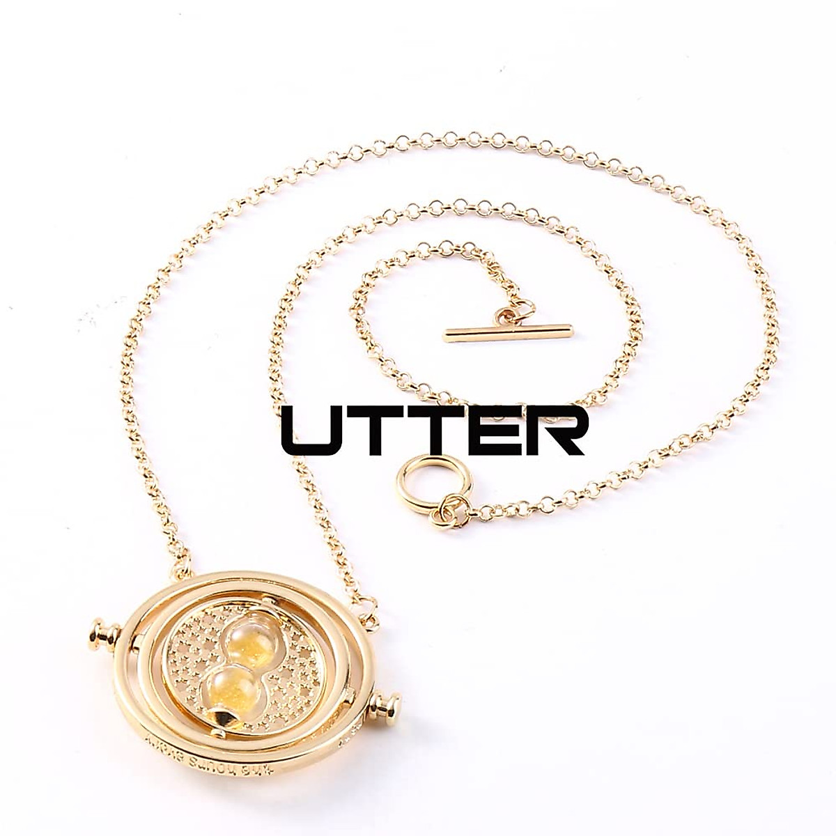 UTTER Hermione Rotating Time Turner Necklace Gold Wizardry Falcon Hourglass Pendant