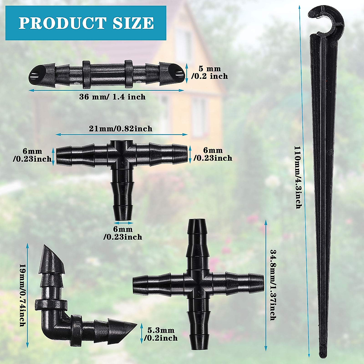 Irrigation Fitting Kit Drip Irrigation Barbed Connector Include 50 Single Barbed Connector 20 Tee 20 Elbow 20 4-Way Coupling and 100 Irrigation Support Stake Hose Holder for 1/4 Inch Tubing 210 Piece