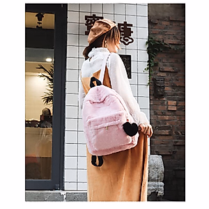 HOKMAH Cute Fuzzy Backpack for Girls, Aesthetic School Supplies Fuzzy Plush Backpack, Kawaii Furry Plush Backpack for Teens (Pink)