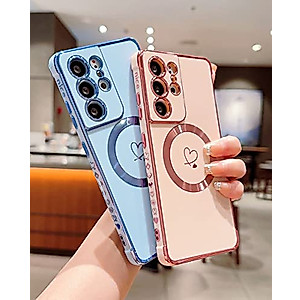 Ponnky Samsung Galaxy S21 Ultra Case for Women Girl Cute Love-Heart Compatible with Magsafe with Magnetic Wirless Charging Full Camera Bumper Shockproof Phone Case for Galaxy S21 Ultra (Blue)