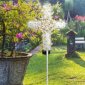 COOZZYHOUR 38Inch Cross Solar Garden Lights Outdoor Decorative - Solar Metal&Glass Cross White Hydrangea Flower Stake Lights- Waterproof 20 Warm White LED for Remembrance Gifts & Sympathy Gifts.