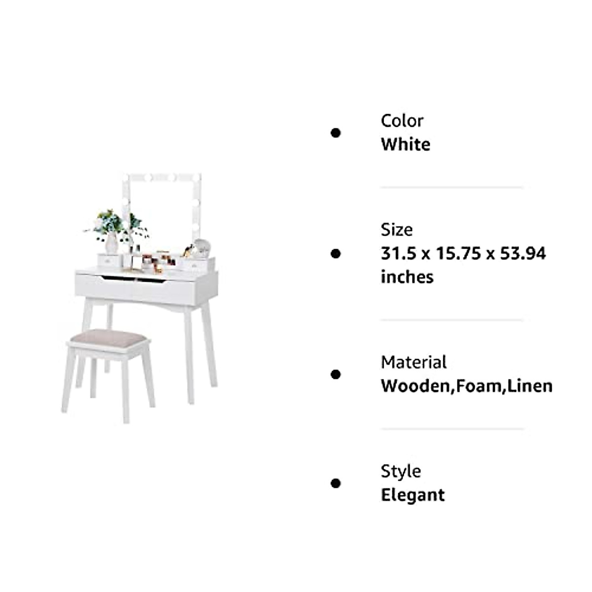 BEWISHOME Makeup Vanity Set with Lighted Mirror with 10 LED Bulbs, Makeup desk with 4 Drawers 2 DIY Dividers Removable Makeup Organizer & Cushioned Stool, White Table FST10W