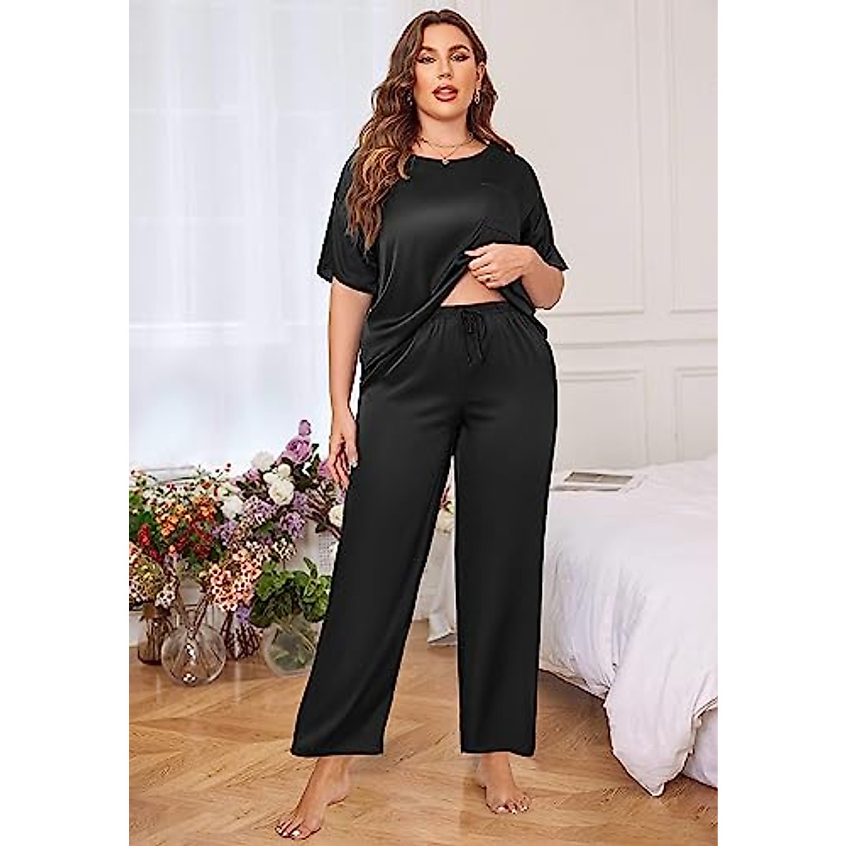 Ekouaer Womens Plus Size Silk Pajama for Women Silk Satin Set Two Piece Short Sleeve Sleepwear Pajamas 3x Sleepwear for Women Plus Size Black 22W