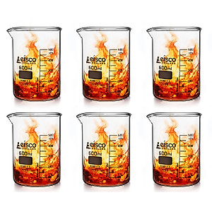 EISCO 6PK Beakers, 600mL - Low Form with Spout - White, 50mL Graduations - Borosilicate 3.3 Glass