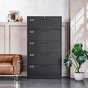 Yizosh 5 Drawer Black File Cabinet with Lock, Filing Cabinet for Home Office, Metal Locking Office File Storage Cabinet with Drawers, Lateral Filing Cabinet Organizer for Letter/Legal/F4/A4
