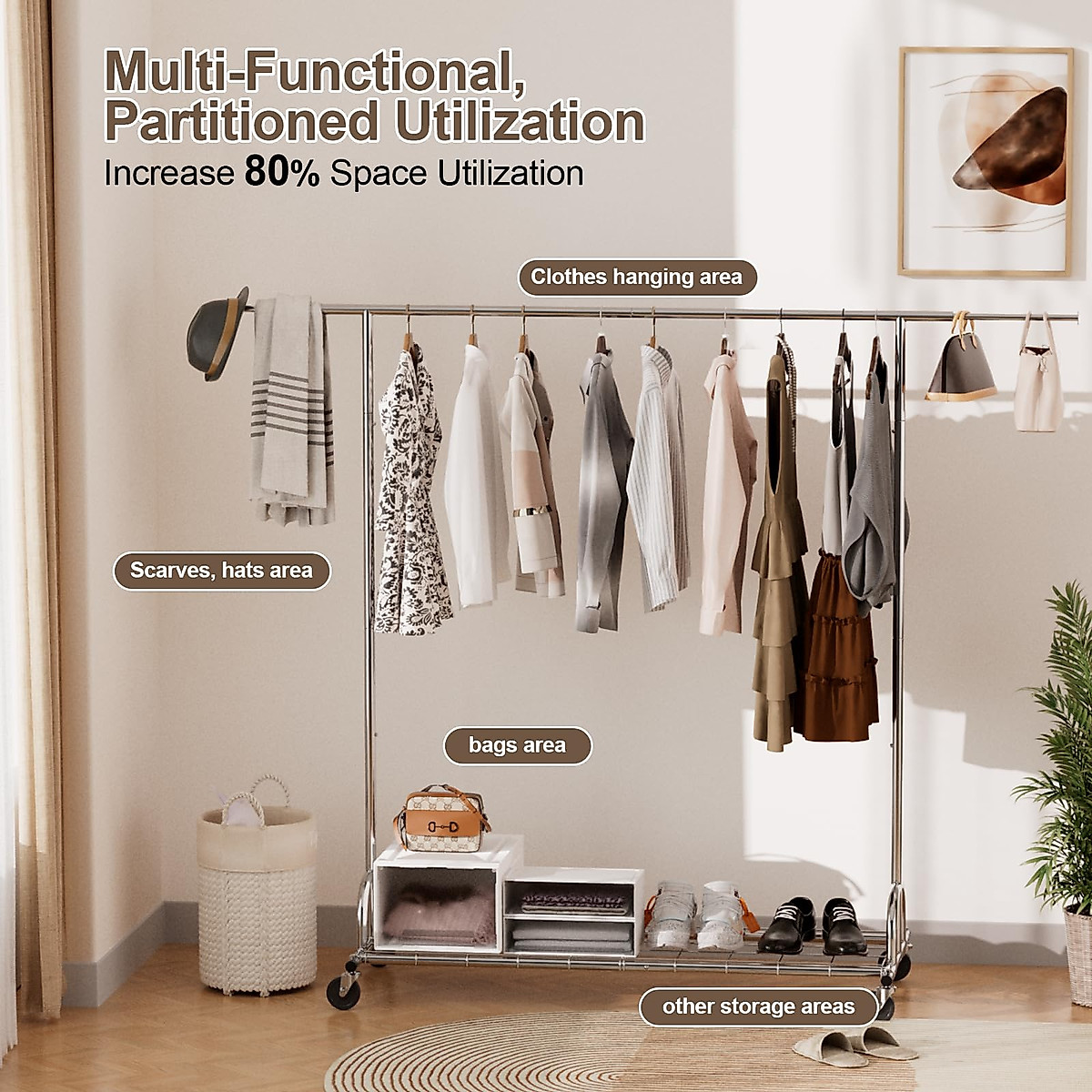 UEAKPIC Clothes Rack Heavy Duty Load 480lbs, Metal Grament Rack With Extensible Size, Rolling Clothing Rack 2-In-1 With Sturdy Wheels & Shelves For Hanging Clothes, Collapsible Wardrobe Rack,Chrome