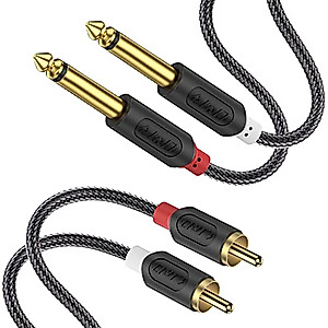 J&D Dual 1/4 inch TS to Dual RCA Stereo Audio Interconnect Cable, Gold Plated Audiowave Series 2X 6.35mm Male TS to 2 RCA Male Stereo Audio Adapter with PVC Shelled Housing and Nylon Braid, 6 Feet