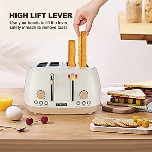 Anfilank Toaster 4 Slice,Retro Stainless Steel Toaster with Extra Wide Slots Cancel, Bagel, Defrost Function, Dual Independent Control Panel, Removable Crumb Tray, 6 Shade Settings and High Lift Lever, Cream, Large Size