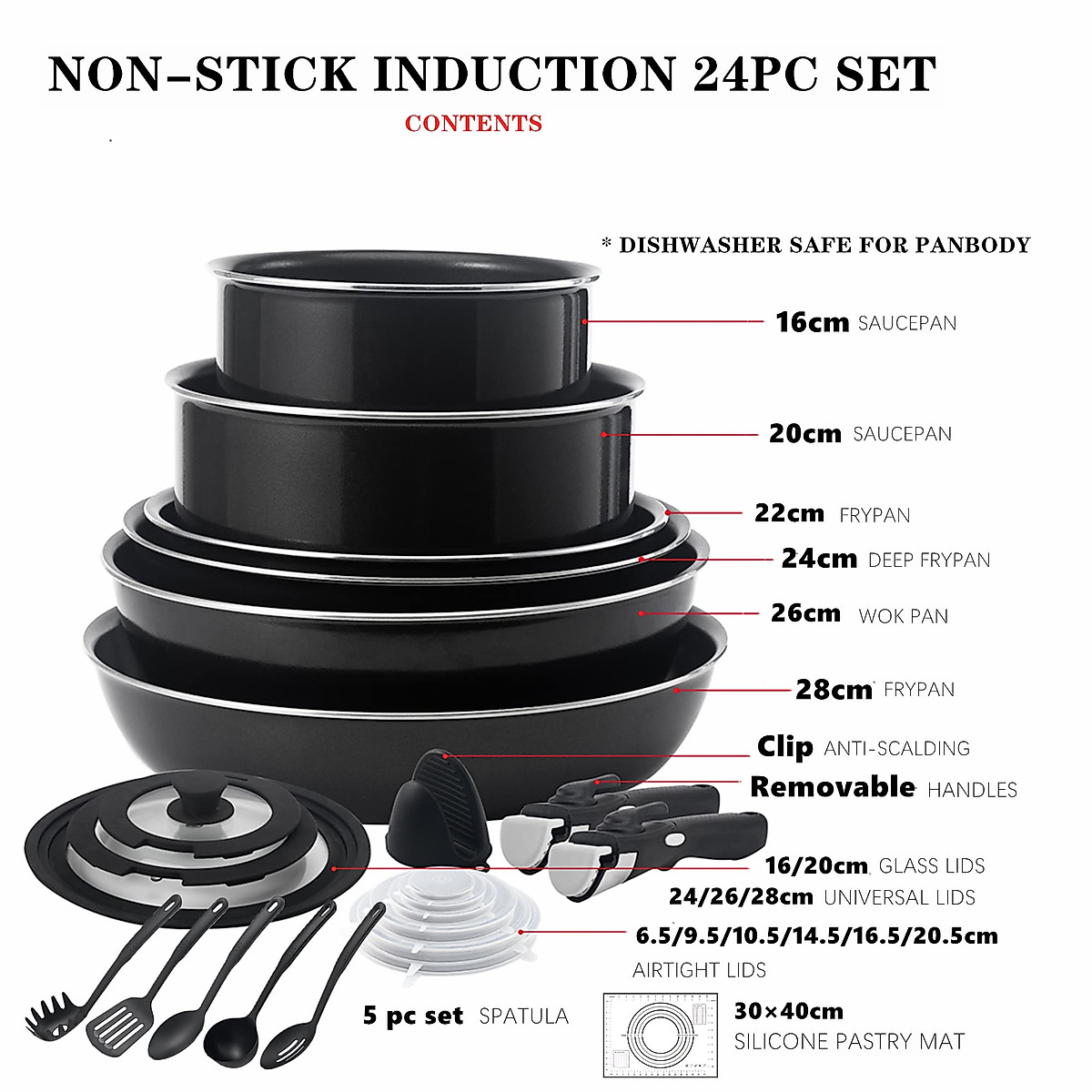 lzteck 24 Pieces Non-Stick Cookware Set,Removable Handles Stackable Pans and Pots Set with Silicone Pastry Mat, for RVs and Camping,Oven,Induction,Gas,Electric,Stovetops,Dishwasher Safe