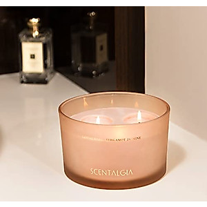 SCENTALGIA Scented Soy Candle Jar with Sandalwood, Bergamot, Jasmine Fragrance - 3 Wick Large Candles with Long-Lasting 55 Hours Burn Time - Perfect for Home, Office, Spa, Yoga, Meditation & Gifts