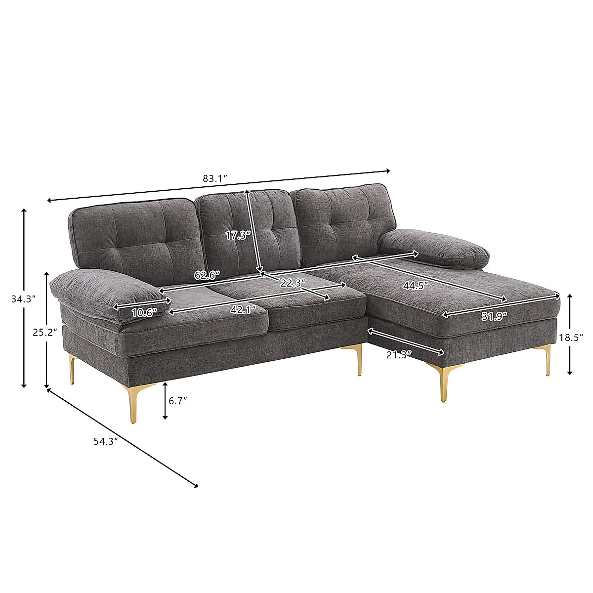 Karl home Sectional Sofa 83" L-Shape Sofa Couch 3-Seat Couch with Chaise ChenilleFabric Upholstered for Living Room, Apartment, Office, Dark Gray