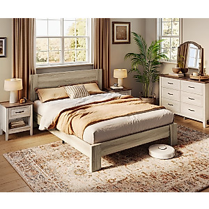 LINSY Queen Bed Frame Wood with Headboard, Farmhouse Bed Frame Queen Size, Wood Platform Bed Fast Assembly, Noise-Free, No Box Spring Needed - Beige