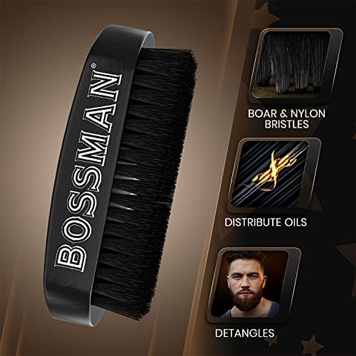 Bossman Beard Brush for Men - Hand Held Boar & Nylon Bristle Brush - Detangling Brush for Beard and Hair Care