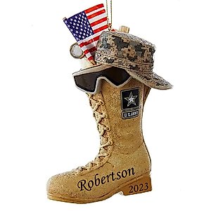 Personalized Army Boot Christmas Ornament - Officially Licensed - Boot with Flag and Accessories Holiday Keepsake Tree Decoration with Custom Name