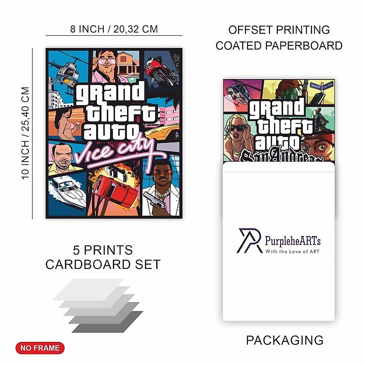 PurpleheARTs | GTA Poster Prints - Set of 5 UNFRAMED (8 inches x 10 inches) GTA Game Poster Prints - Grand Theft Auto Wall Art Decor,
