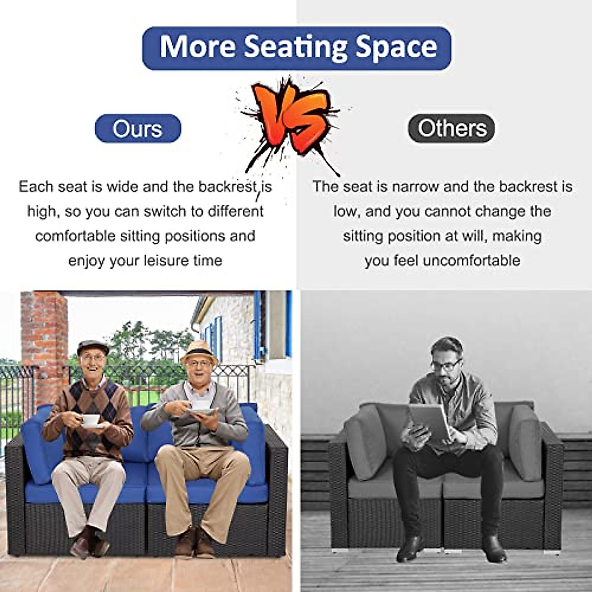 J-SUN-7 7 Pieces Outdoor Patio Furniture Set, All Weather Black PE Rattan Wicker Sofa Set, Sectional Furniture Sofa Couch Set with Dark Blue Cushions and Glass Table for Garden Porch Poolside