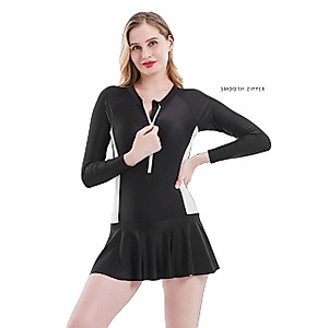 TeeYee Women Girls Swimsuit One Piece Long Sleeve Monokini Diving Swimwear Padded with Ruched Falbala Skirt UV-Protective (M, Black)