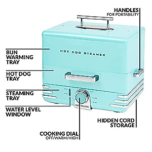 Nostalgia Extra Large Diner-Style Steamer, 20 Hot Dogs and 6 Bun Capacity, Perfect for Breakfast Sausages, Brats, Vegetables, Fish, Aqua