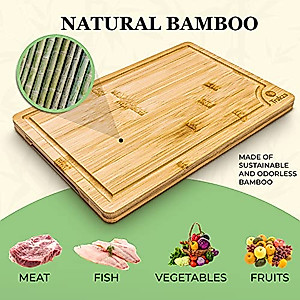 TRAKZA Bamboo Cutting Board Set - Durable Kitchen Cutting Boards For Chopping Fruit, Meat, Cheese, Veggies - Deep Juice Grooves, Side Handles, Easy To Use & Clean - With Storage Holder - 9", 12", 15"