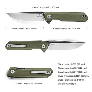 BESTECHMAN Dundee Pocket Folder Folding Knife: 3.35" D2 Steel Grey titanized Satin Blade, G10 Scales, Flipper, Liner Lock, EDC Reversible Deep Clip, BMK01E (OD Green Handle)