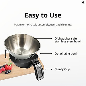 Fradel Digital Kitchen Food Scale with Bowl (Removable) and Measuring Cup - Stainless Steel, Backlight, 11lbs Capacity - Cooking, Baking, Gym, Diet - Precise Measuring (Black)