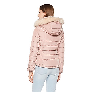 Royal Matrix Women's Heavy Short Quilted Puffer Coat Removable Faux Fur (Pink, Extra Large)