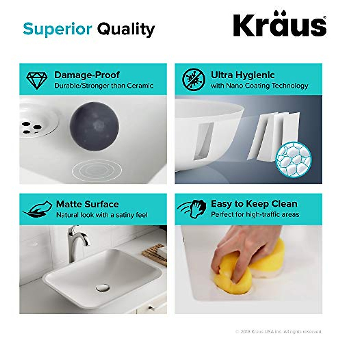 Kraus KSR-9MW Natura Bathroom Sink, Matte White, Square, Semi-Recessed