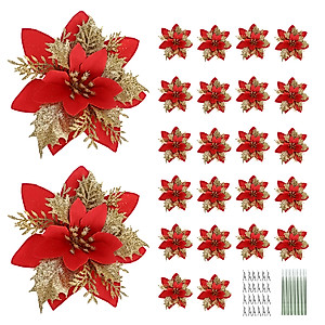 N&T NIETING 24Pcs Poinsettias Artificial Christmas Flowers, 5 inch Glitter Christmas Flowers Artificial for Decoration, Xmas Fake Flowers, Red and Gold