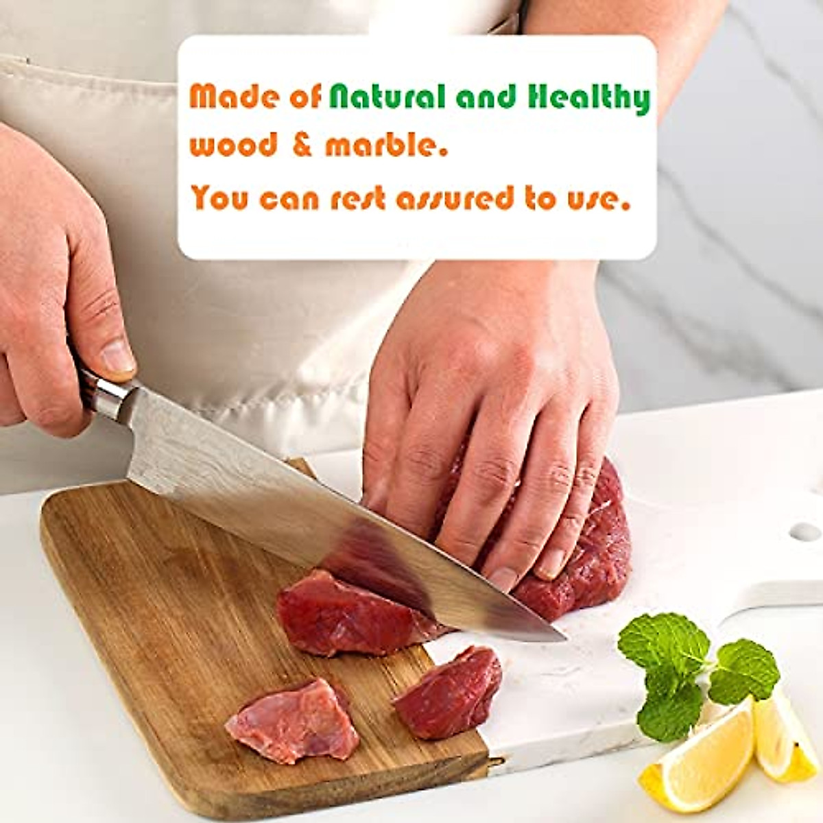 Azauvc Cutting Board with Marble and Natural Wood,Serving Board for Steak Fruits with Handle,Chopping Board for Bread as Serving Trays (White)