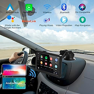 Portable Car Stereo with Wireless Apple Carplay and Android Auto - 7" Touchscreen Car Radio with Bluetooth | Mirror Link | Dash or Windshield Mounted
