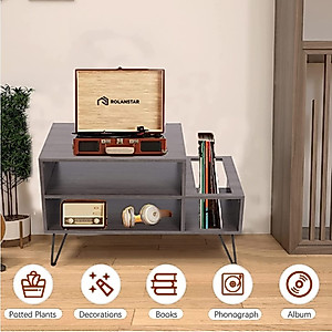 Gtouse Large Record Player Stand with 3 Cabinet, Mid-Century 3 Tier Display Stand Record Storage Turntable Stand Table with Metal Hairpin Legs for Living Room Bedroom Office, 34 x 18 x 21inches