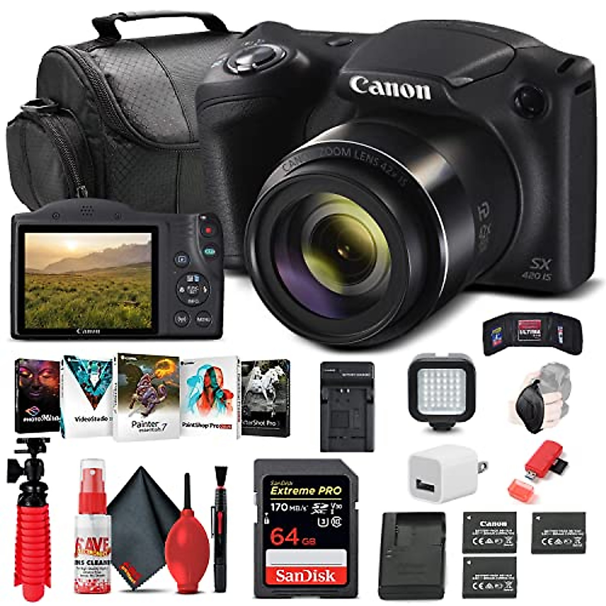 Canon PowerShot SX420 is Digital Camera (Black) (1068C001), 64GB Memory Card, 2 x NB11L Battery, Corel Photo Software, Charger, Card Reader, LED Light, Bag, Flex Tripod + More (Renewed)
