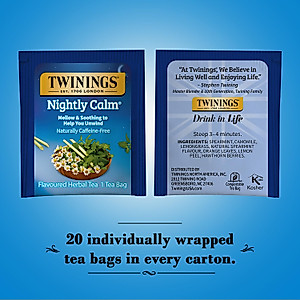 Twinings Nightly Calm Tea - Individually Wrapped Caffeine Free and Herbal Tea Bags, Sleep Tea with Calming Camomile, Spearmint and Lemongrass, Bedtime Tea, 20 Count (Pack of 2)
