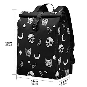 CBBYY Travel Roll Top Skull Cat Moon Backpack for Men, Expandable Waterproof Trendy Laptop Backpack