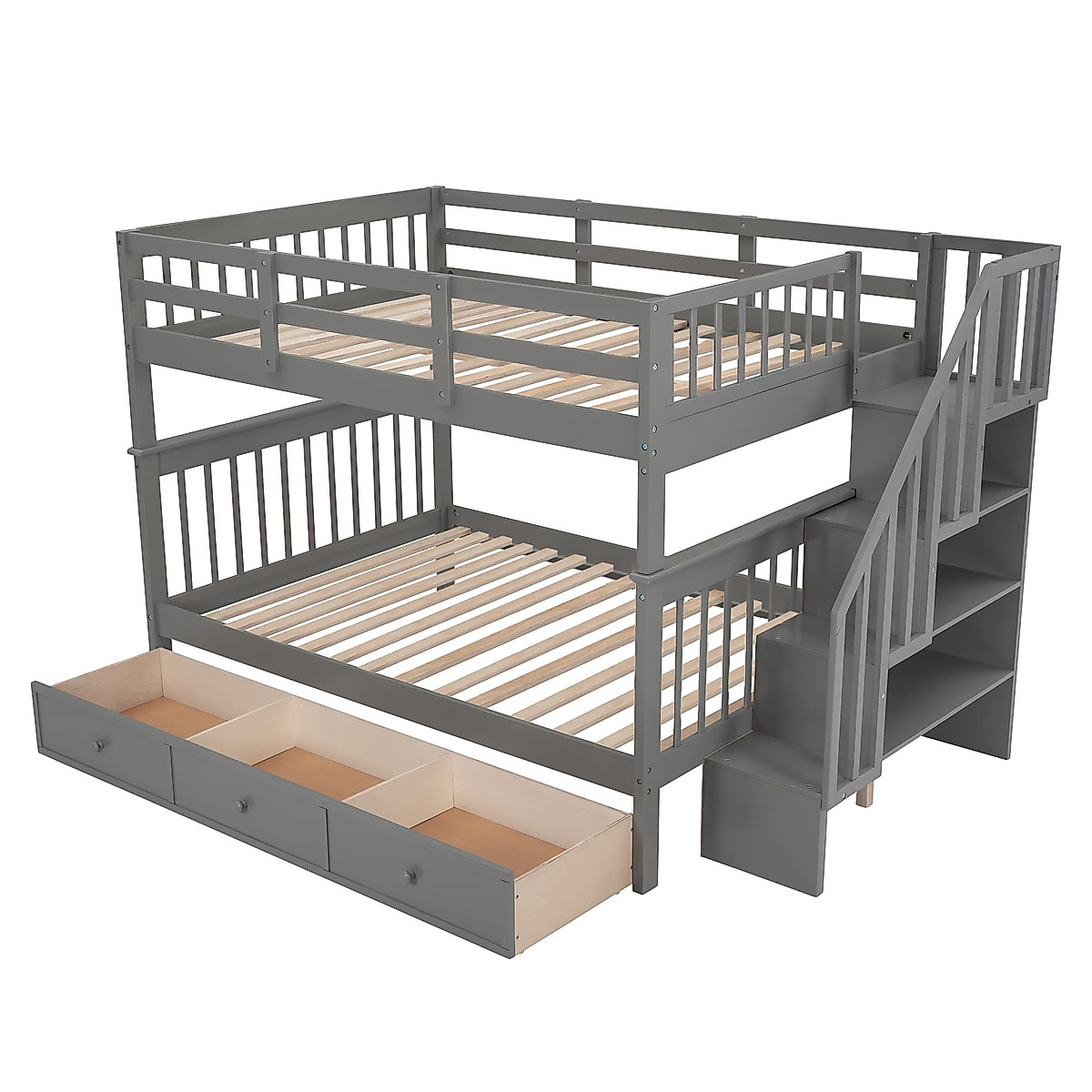 Harper & Bright Designs Full Over Full Bunk Bed with Storage, Solid Wood Full Bunk Bed Frame with Stairs and Drawers, for Kids Teens Adults (Gray)