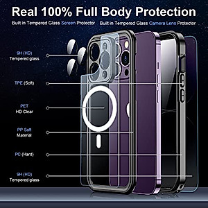 Temdan [Real 360 Magnetic for iPhone 14 Pro Max Case Waterproof,[Compatible with MagSafe] Built-in Glass Camera Lens & Screen Protection [Military Dropproof] Shockproof [IP68 Underwater] Phone Case