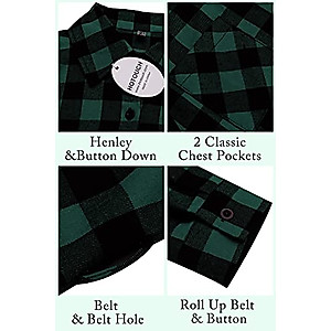 HOTOUCH Boyfriend Style Shirts Oversized Flannel Long Plaid Tops Tunics Green-Black Large
